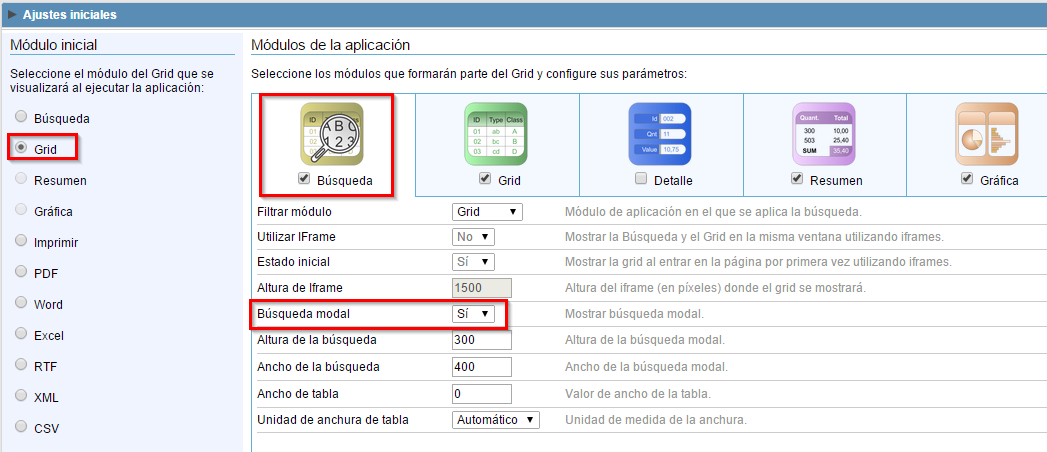 Filtro en modal